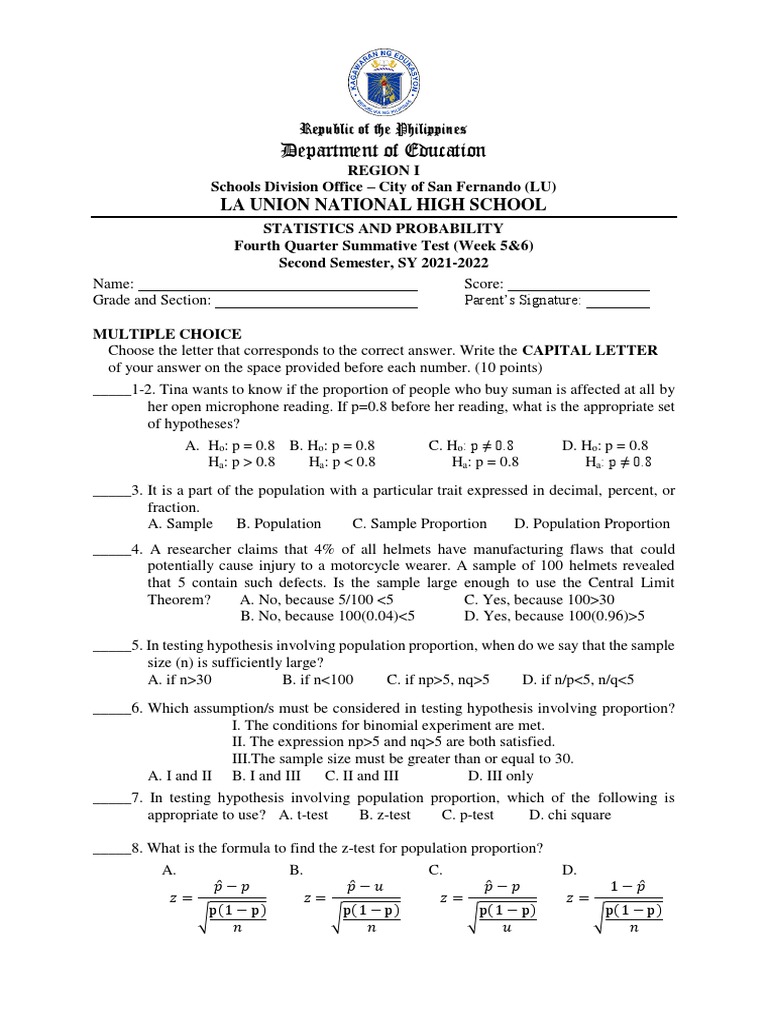 Summative Test Week 5 10 Statistics and Probability | PDF | Statistical ... Summative Test Week 5 10 Statistics and Probability | PDF | Statistical ...