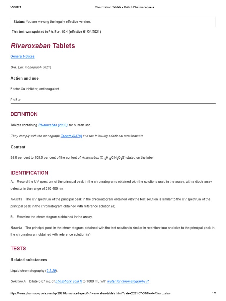Rivaroxaban Tablets - British Pharmacopoeia 2021 | PDF | Chromatography ...