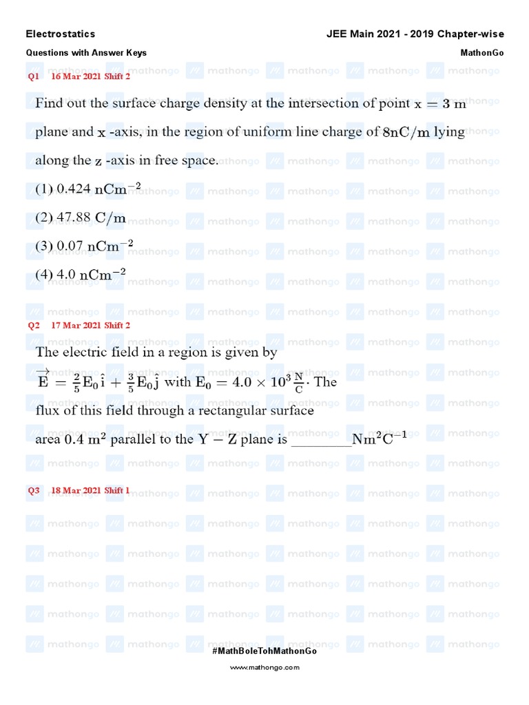 Electrostatics - JEE Main 2021 - 2019 Chapter-Wise | PDF