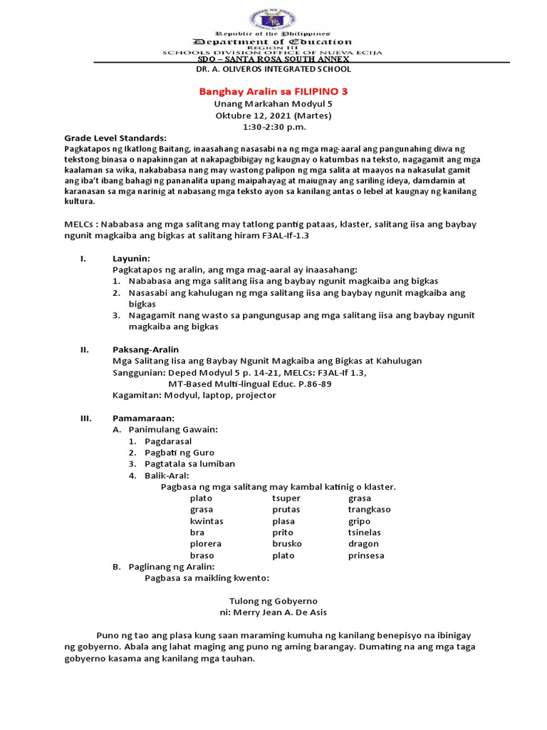 Banghay Aralin Sa FILIPINO 3 | PDF