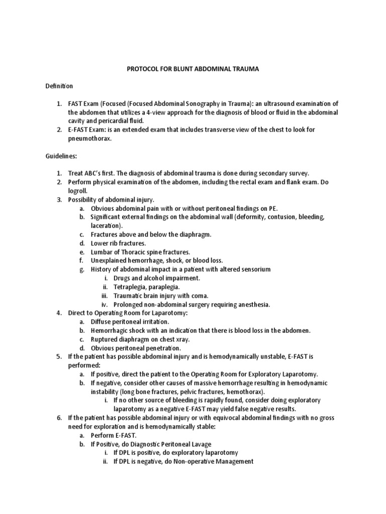 Protocol For Blunt Abdominal Trauma | PDF | Intravenous Therapy | Burn