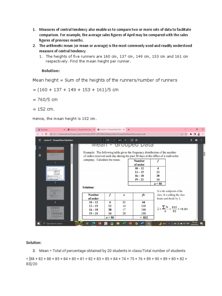 Measures of Central Tendency Also Enable Us To Compare Two or More Sets of Data To Facilitate ...