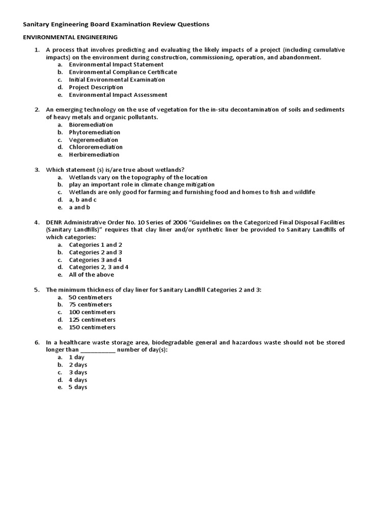 Sanitary Engineering Exam Review Questions | PDF | Environmental Impact ...