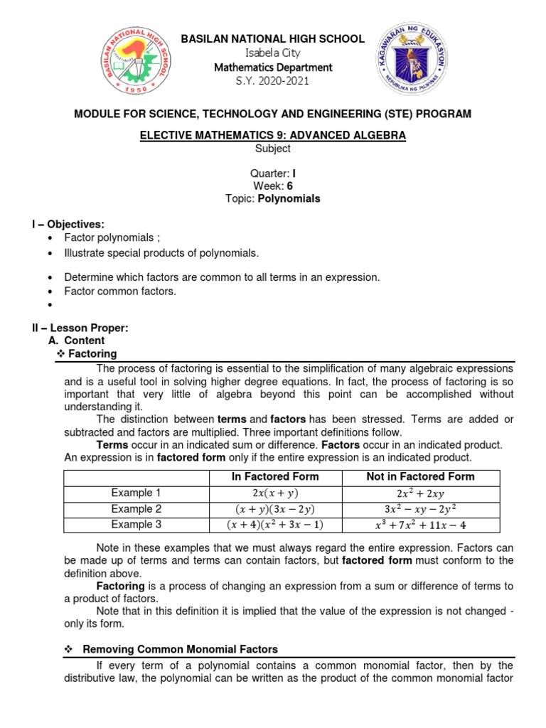 Elective Math 9 Modulette Q1W4 | PDF | Factorization | Polynomial