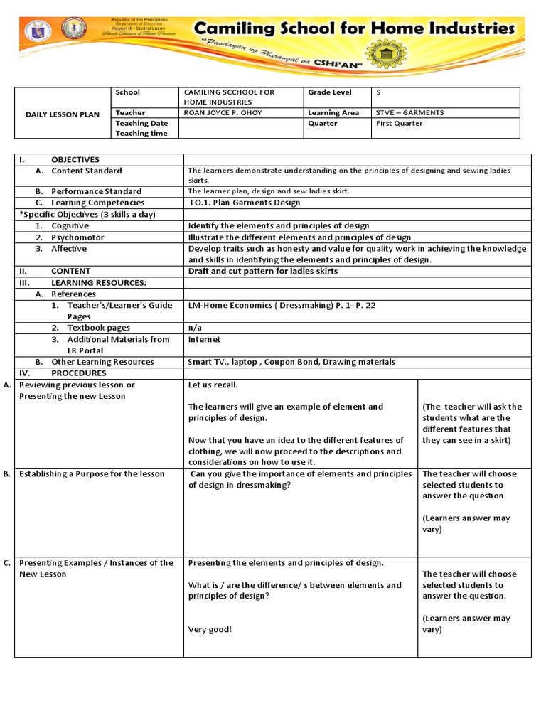 Grade 9 Garment Design Lesson Plan | PDF | Design | Teachers