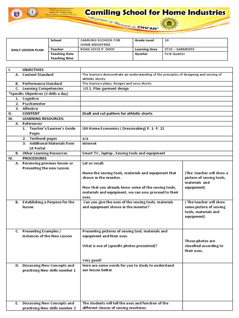 DLL Day 1 Grade 10 Dressmaking | PDF | Sewing | Learning