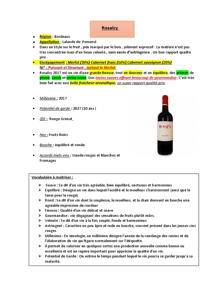 Fiche produit vin Rosalcy 2017 | PDF | Dégustation de vins | Vins