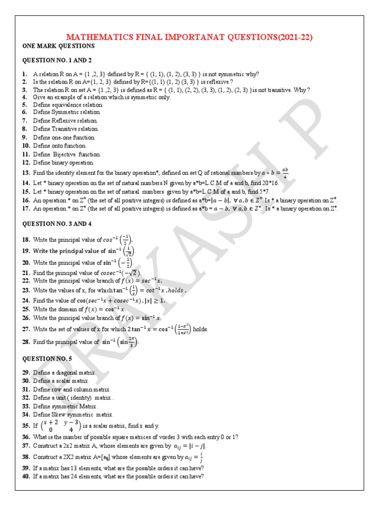 Mathematics Final Importanat Questions | PDF | Euclidean Vector | Matrix (Mathematics)