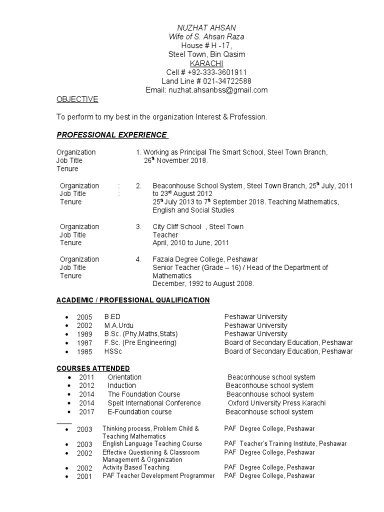 Updated NUZHAT Ahsan CV | PDF | Teachers | College