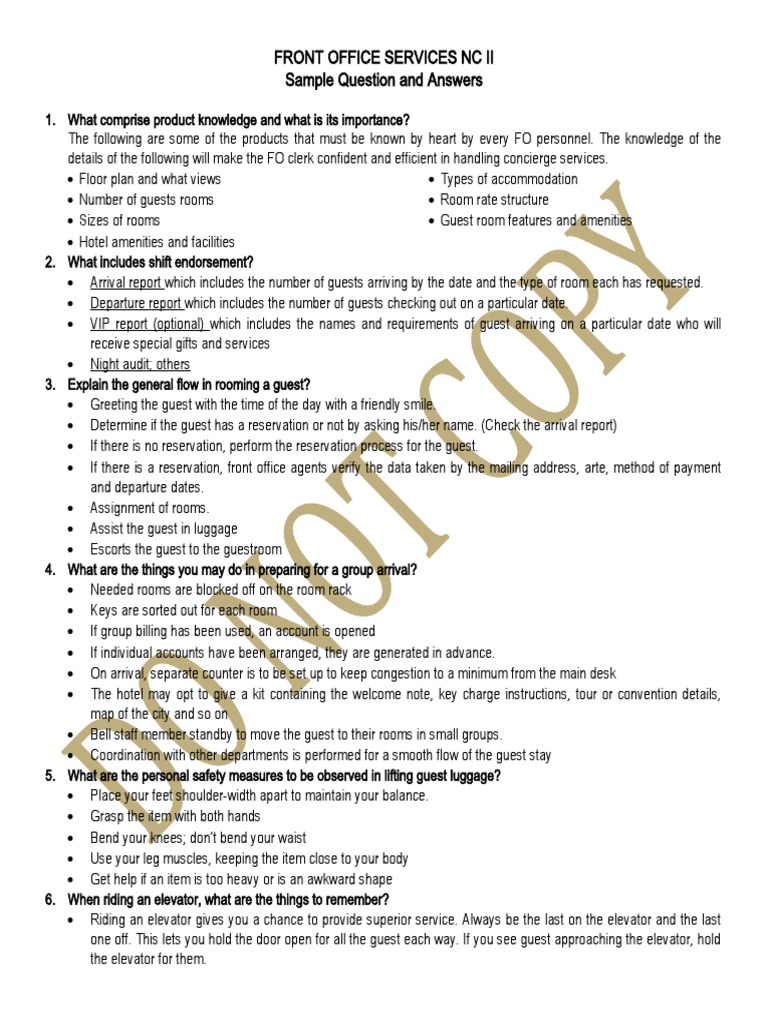 Question and Answers For FRONT OFFICE SERVICES NC II | PDF | Credit ...