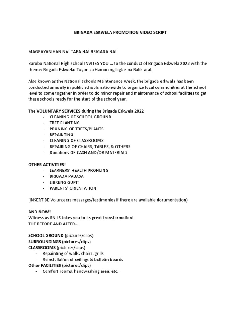 Brigada Eskwela Promotion Video Script | PDF