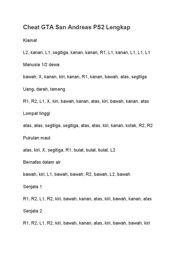 Cheat-Gta Pss2-Lengkap | PDF