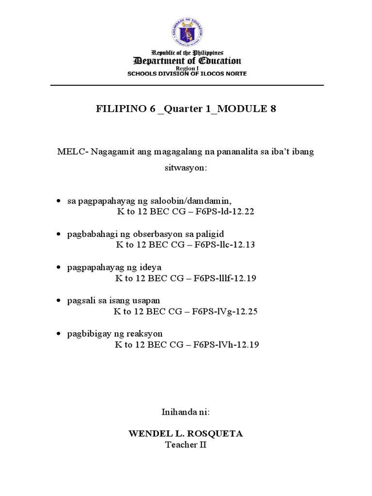 #8 Fil6-Q1-Week8-MELC08-MOD-Rosqueta, Wendel - Wendel Rosqueta | PDF