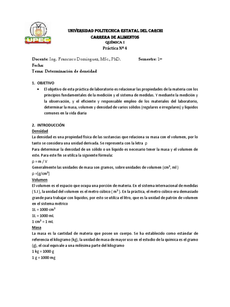 Práctica 4 Densidad Pdf Densidad Litro