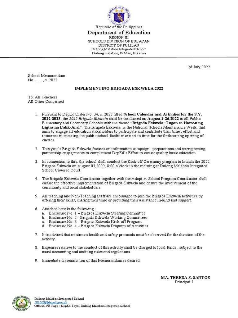 Department of Education: Implementing Brigada Eskwela 2022 | PDF ...