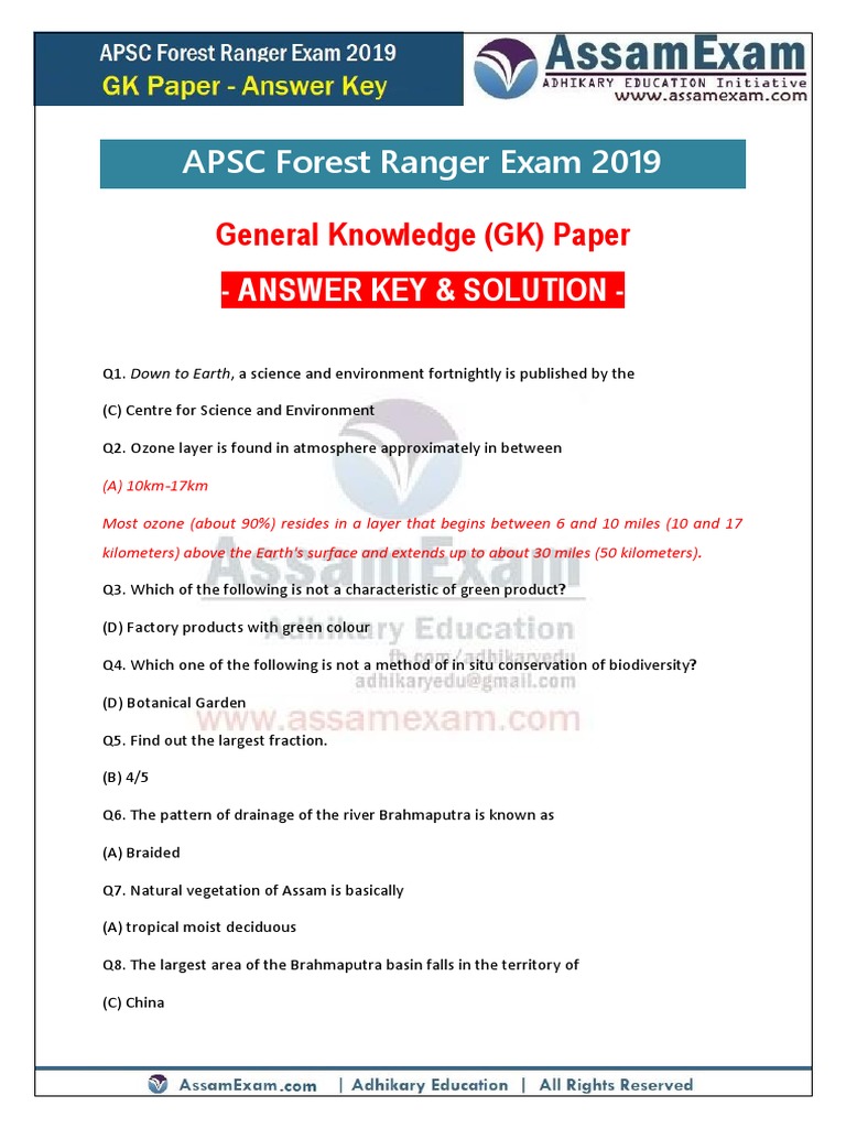 APSC Forest Ranger Exam 2019 - GK Paper - Solved With Answer Key | PDF
