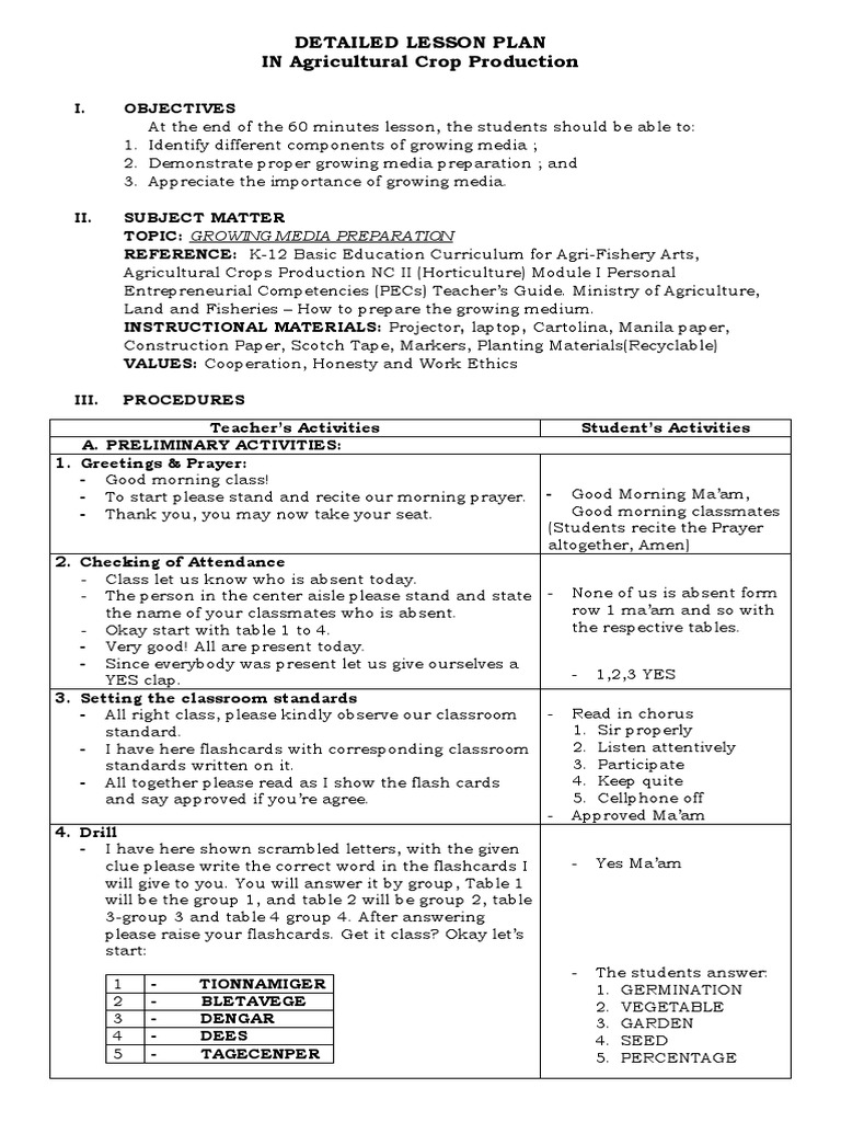 Detailed Lesson Plan IN Agricultural Crop Production | PDF | Soil | Compost