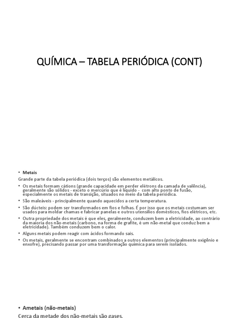 Química - Tabela Periódica (Cont) | PDF | Metais | Tabela periódica
