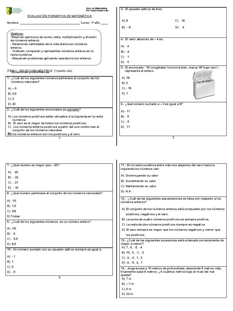 Evaluacion Formativa NUMEROS ENTEROS | PDF | Entero | Número natural