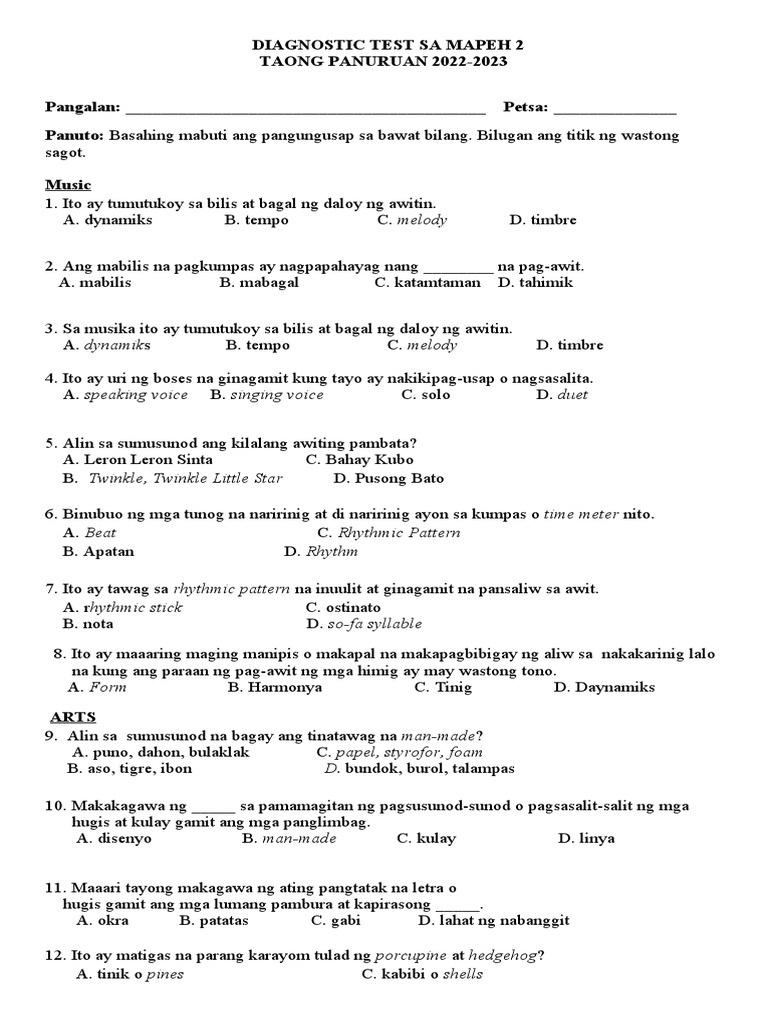 Diagnostic Test MAPEH 2 Validated | PDF