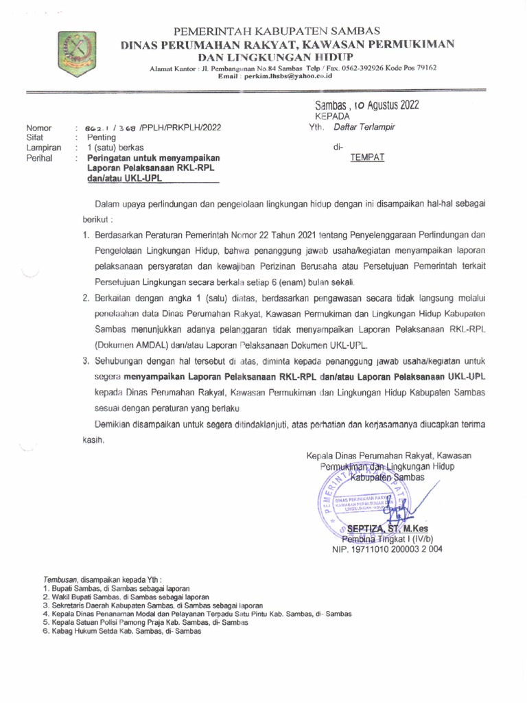 Surat Peringatan Untuk Menyampaikan Laporan RKL-RPL | PDF