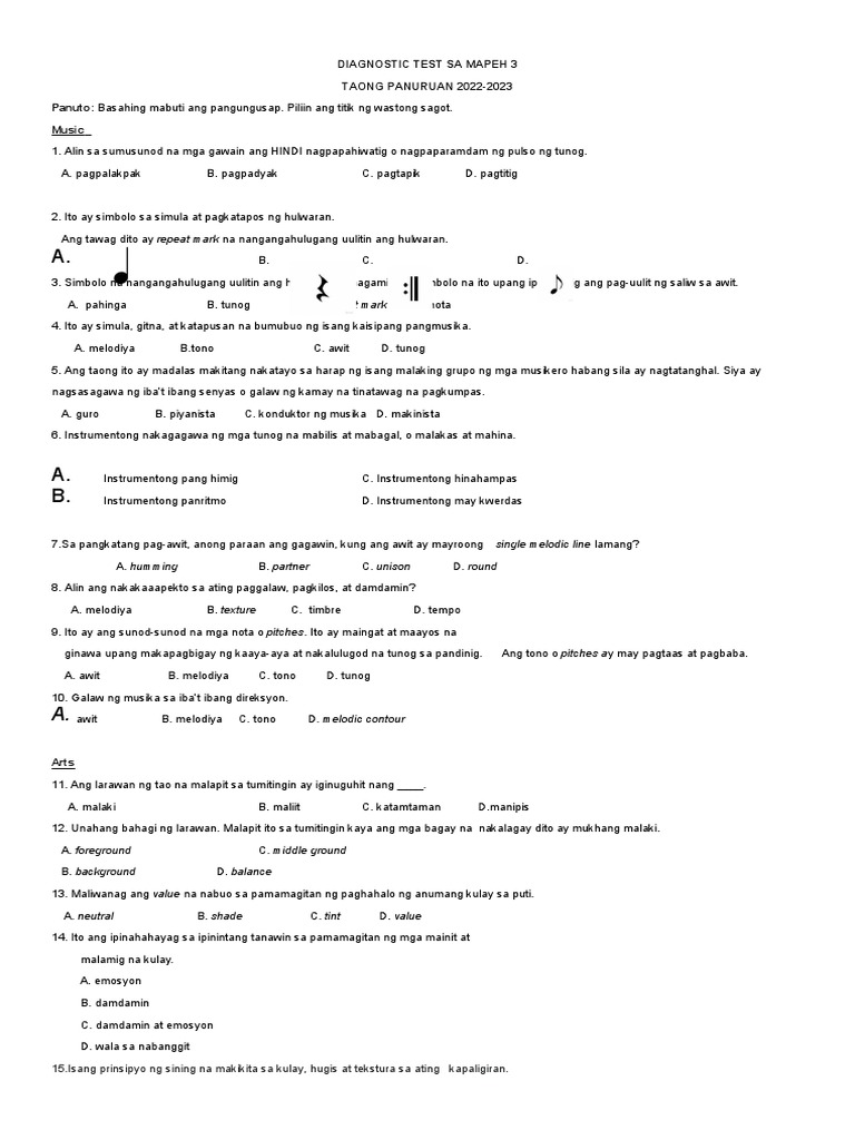 Diagnostic Test MAPEH 3 Validated | PDF