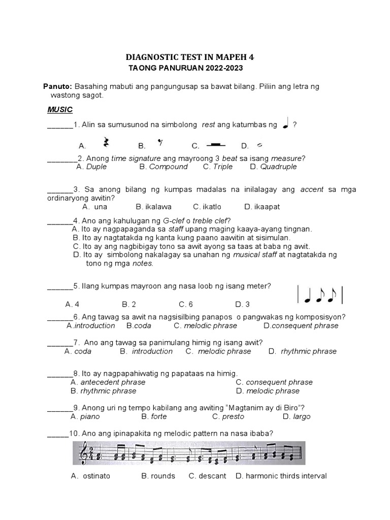 Diagnostic Test MAPEH 4 Validated | PDF
