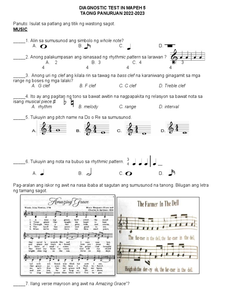 Diagnostic Test MAPEH 5 Validated | PDF