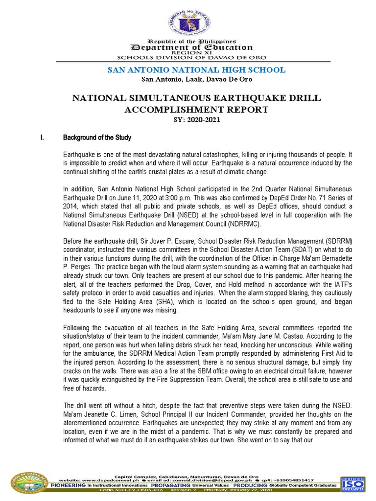 National Simultaneous Earthquake Drill Accomplishment Report | PDF | Emergency Management ...