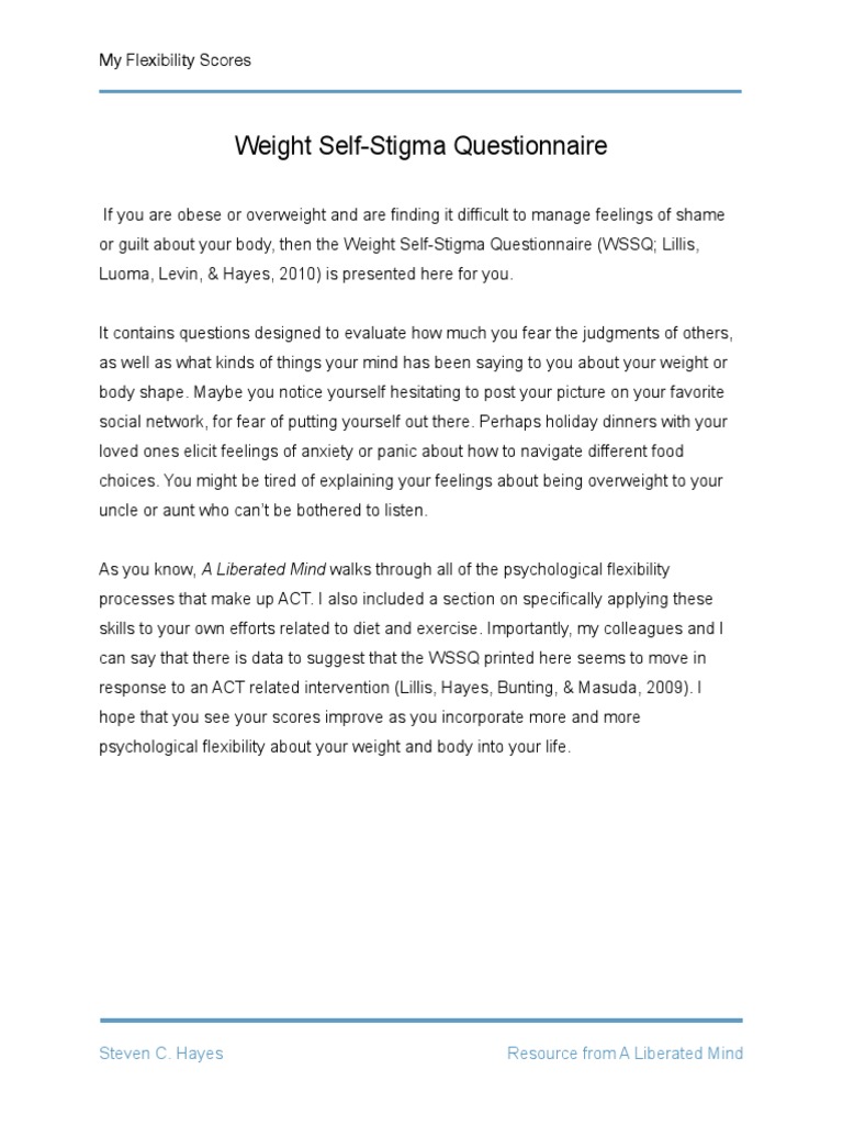 Weight Self-Stigma Questionnaire Scores | PDF | Obesity | Shame