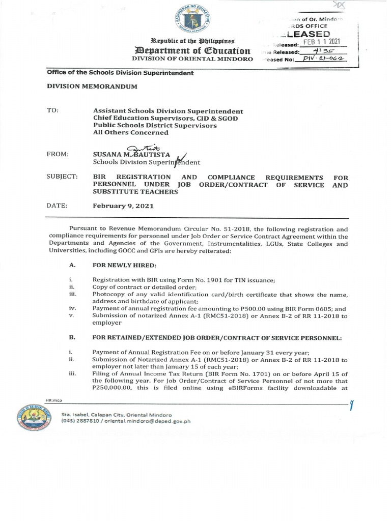 BIR Registration and Compliance Requirements For Personnel Under Job ...