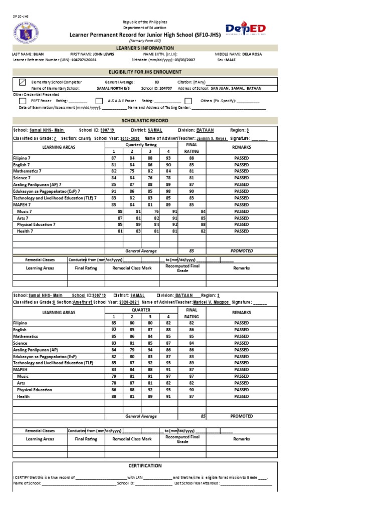 Learner Permanent Record For Junior High School (SF10-JHS) | PDF