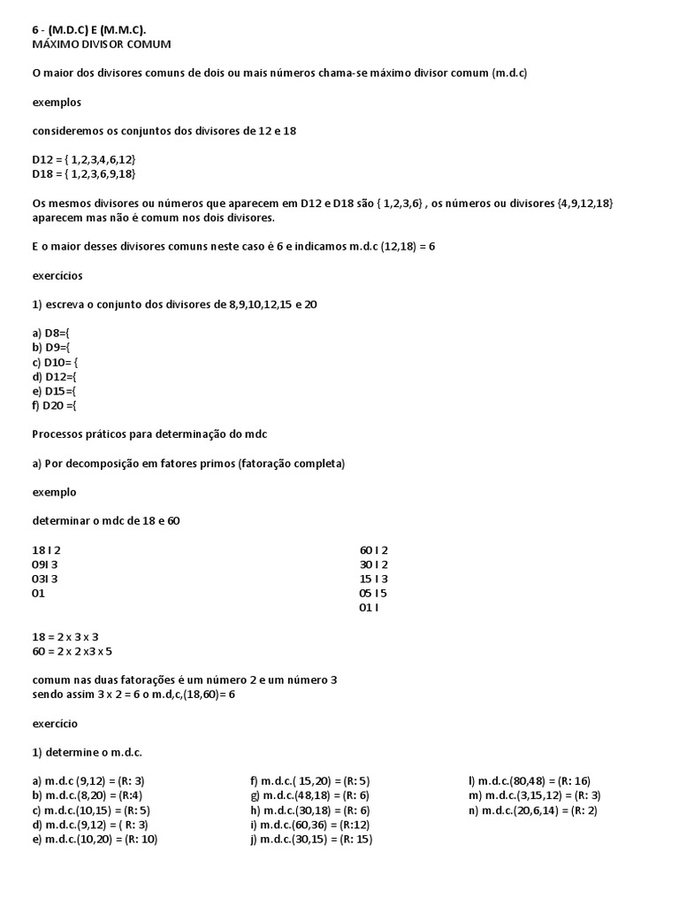 Exercícios de MMC e MDC | PDF | Matemática | Álgebra abstrata