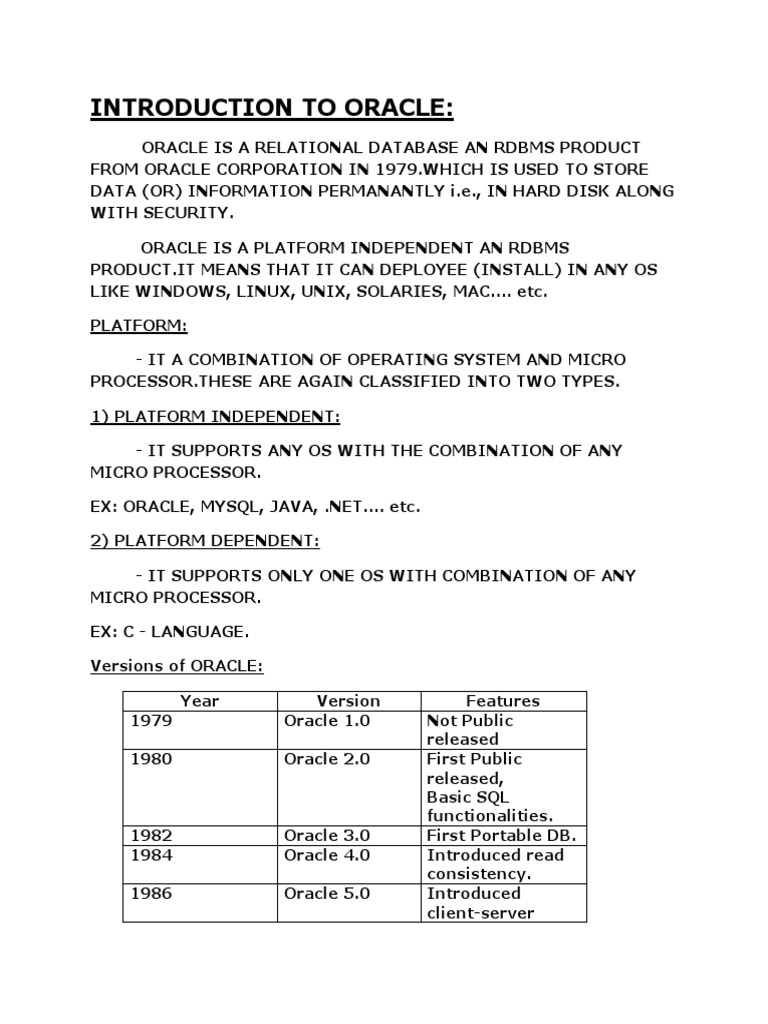 Introduction To Oracle Pdf Databases Oracle Database 7074
