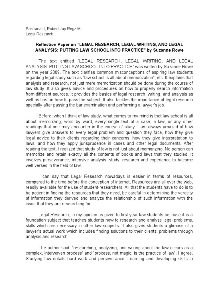 Reflection Paper On "Legal Research, Legal Writing, and Legal Analysis ...