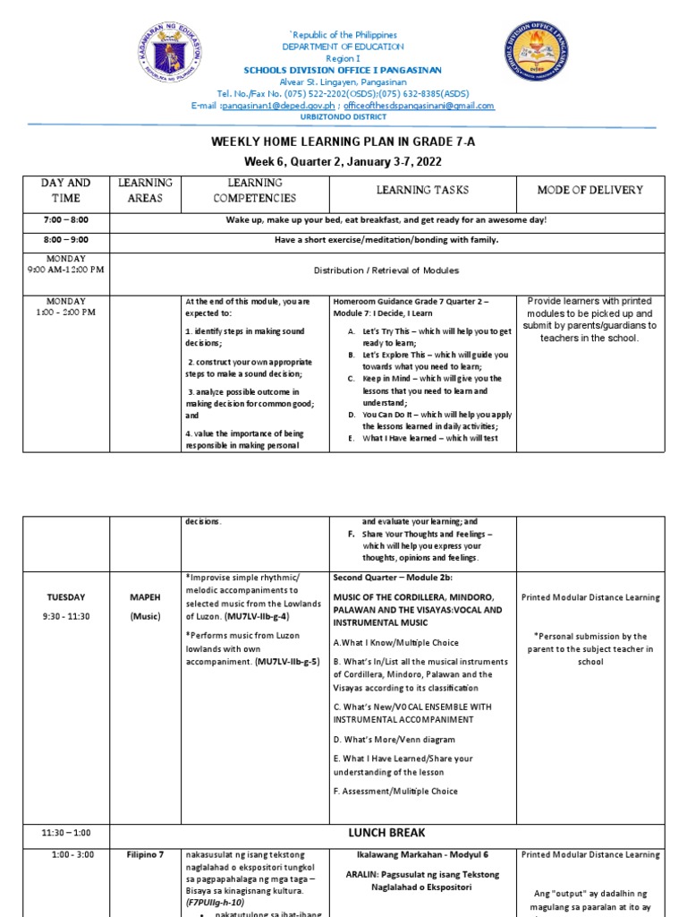 Weekly Home Learning Plan in Grade 7-A Week 6, Quarter 2, January 3-7 ...
