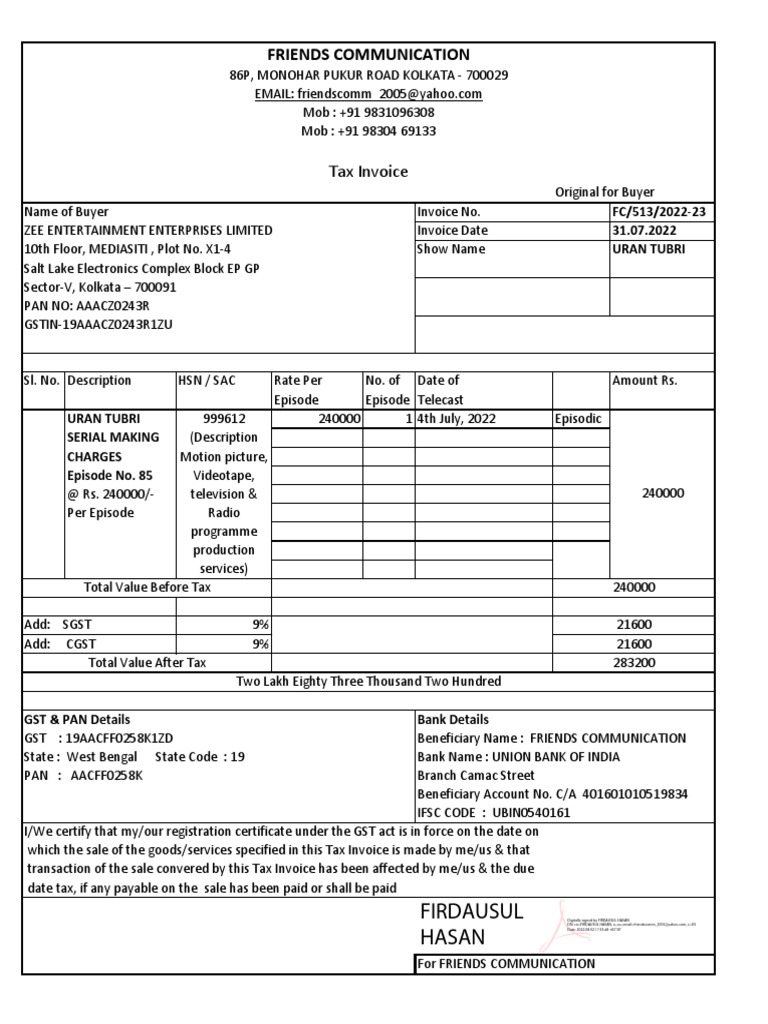 Zee UT Invoice EP 84 - 104 - 31.07 | PDF | Invoice | Economies
