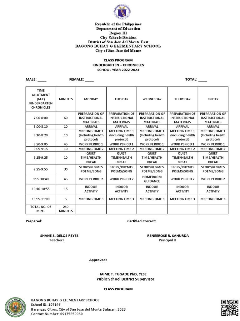 Kindergarten f2f Class Program 2022 2023 v2 | PDF | Social Institutions | Educational Institutions