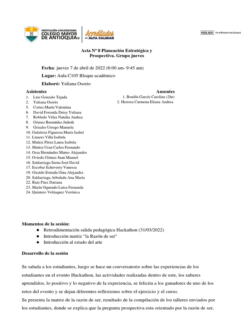 ACTA #8 Planeación Estrátegica y Prospectiva - Curso Jueves 07042022 | PDF | Maestros