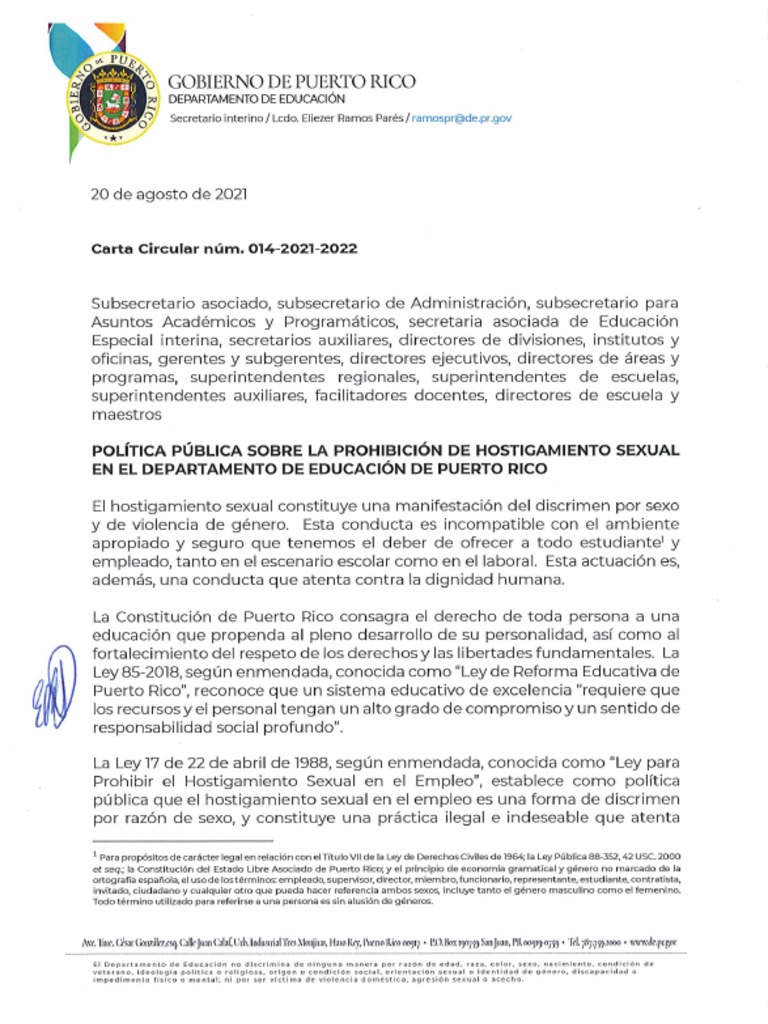 CARTA CIRCULAR NUM. 14-2021-2022 Hostigamiento Laboral | PDF CARTA CIRCULAR NUM. 14-2021-2022 Hostigamiento Laboral | PDF