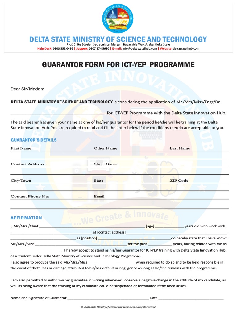 Delta State Ministry of Science and Technology: Guarantor Form For Ict ...