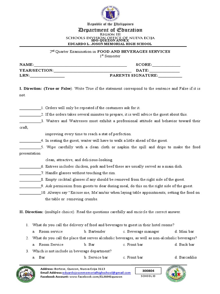 FNB Exam - 2nd Quarter | PDF | Waiting Staff | Food And Drink