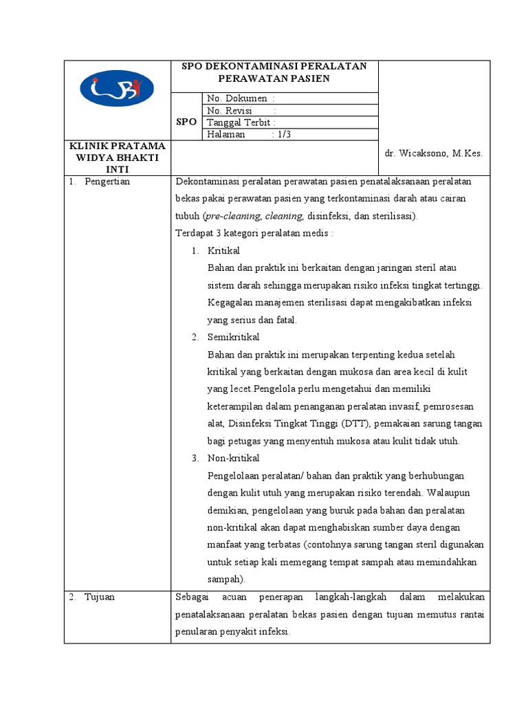 SOP Dekontaminasi Peralatan Perawatan Pasien | PDF