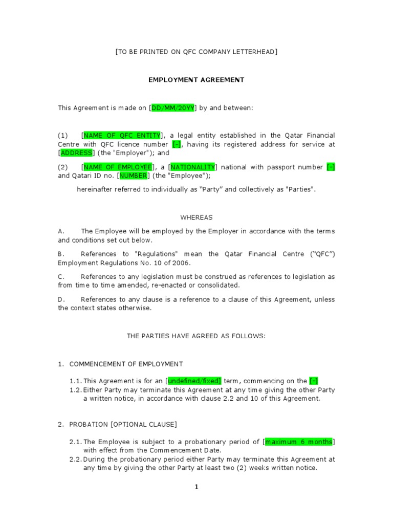 QFC Employment Agreement Template | PDF | Employment | Working Time