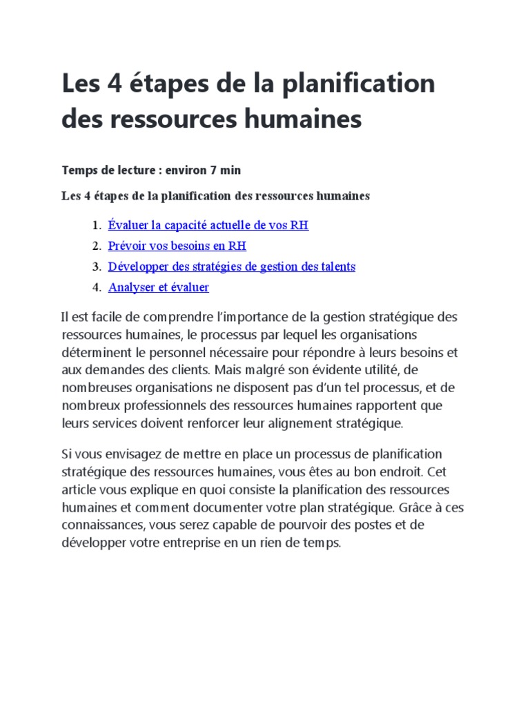 Les 4 ETAPES DE LA PLANIFICATION DES RESSOURCES HUMAINES | PDF ...