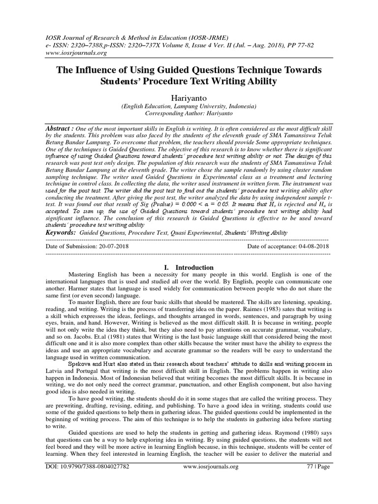 The Influence of Using Guided Questions Technique Towards Students' Procedure Text Writing ...