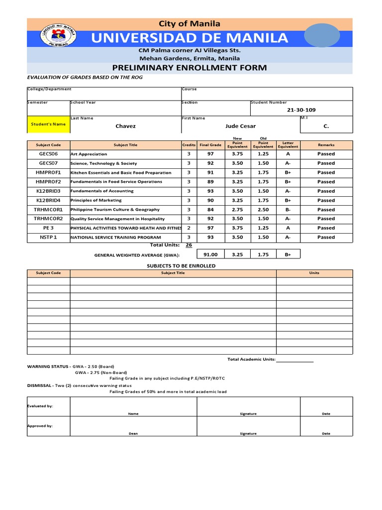 Manila University Enrollment Form | PDF