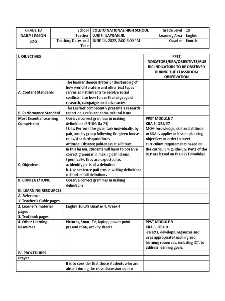 GRADE 10 DLL For CO2 2022 | PDF | Noun | Grammar