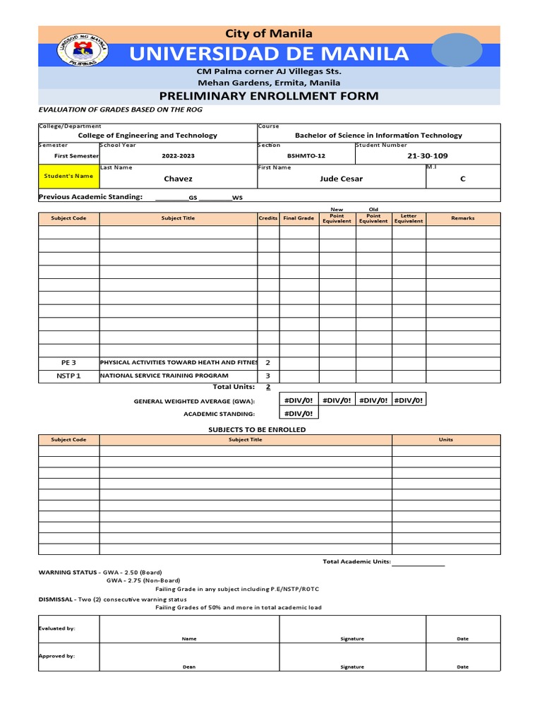 Pre Enrollment Form Template 1 | PDF | Educational Stages | Academia