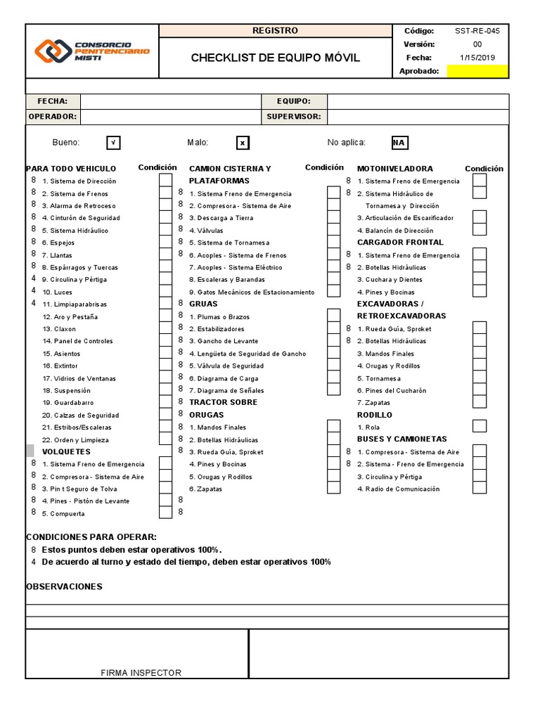 SST-RE-045 Checklist de Equipo Móvil | PDF | Bienes manufacturados ...